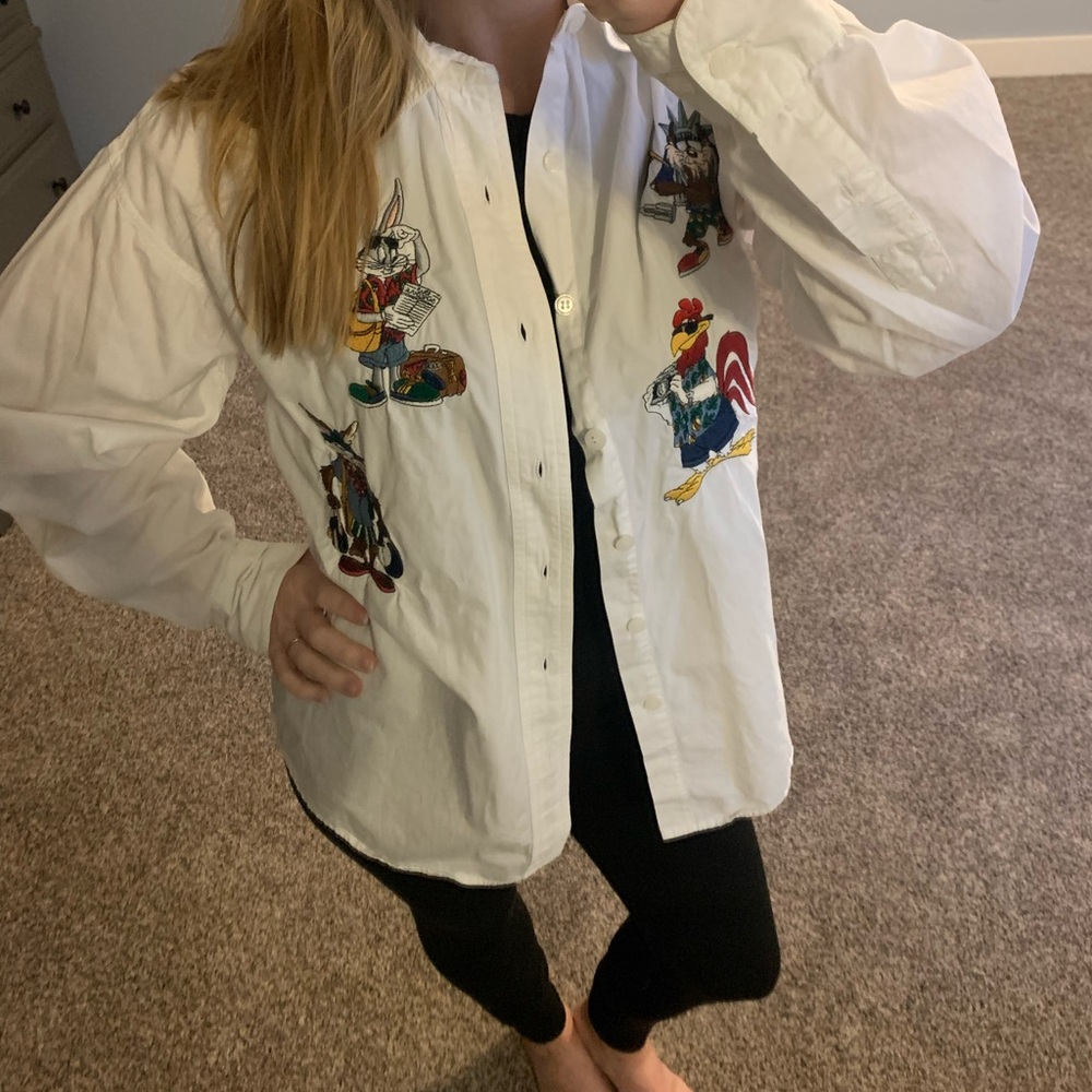 Vintage White Looney Tunes Vacation Button Up Ls Shirt - Gem